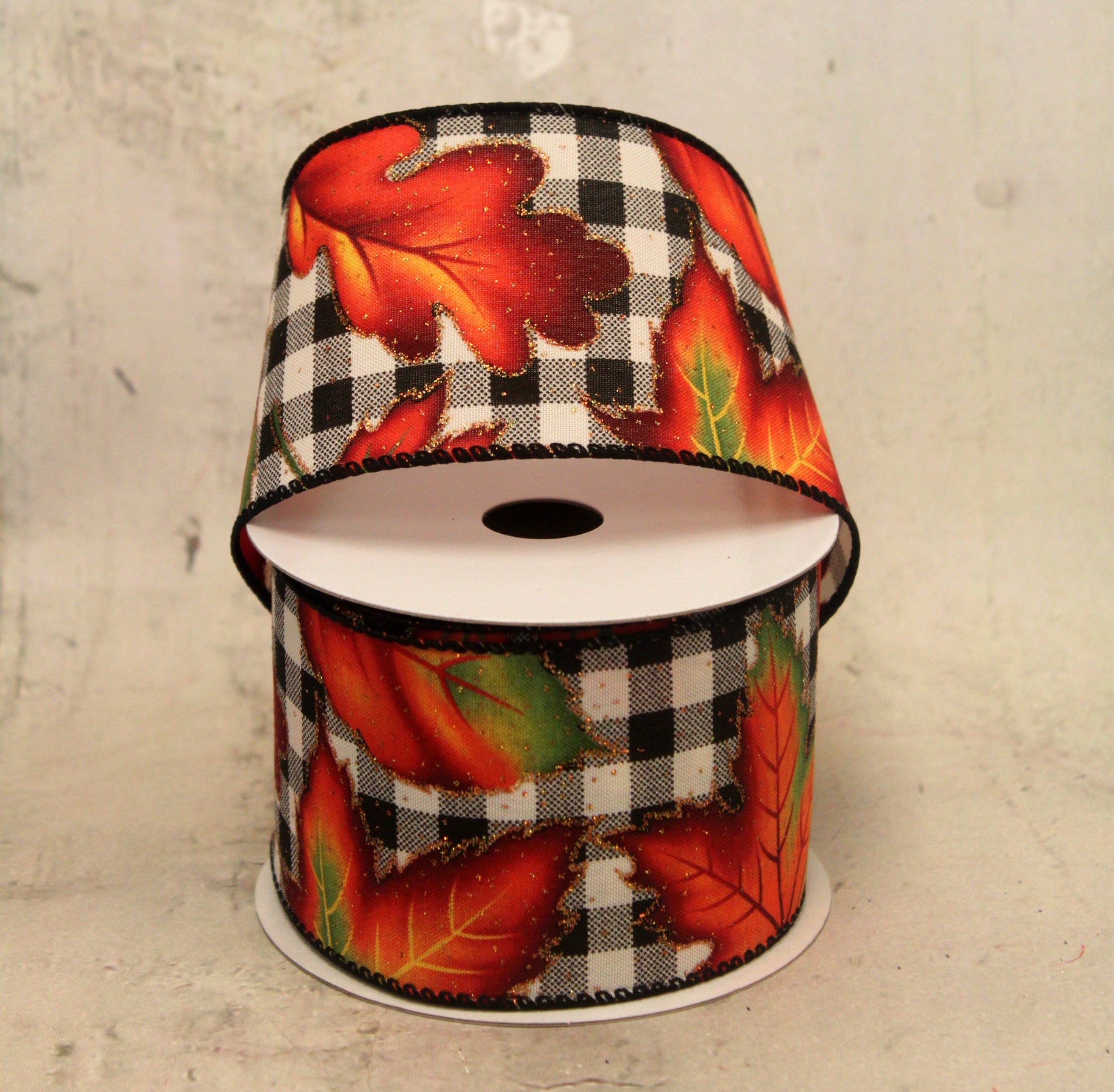 2.5" Fall Leaves on Black & White Buffalo Plaid Ribbon – Ellis Home ...